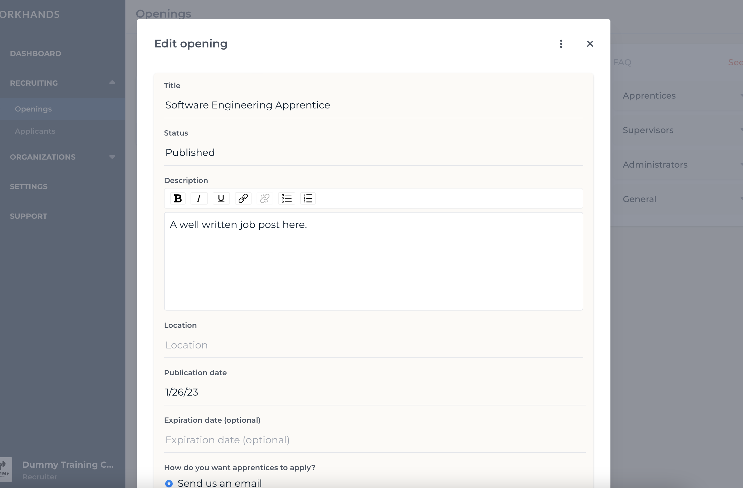 How to update an existing opening – WorkHands