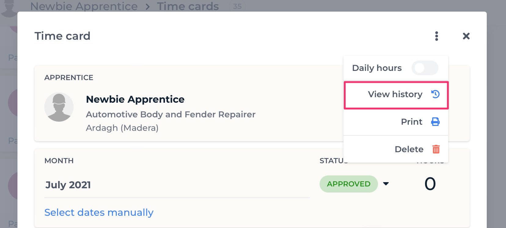 How can I view the history of a timecard/evaluation? – WorkHands