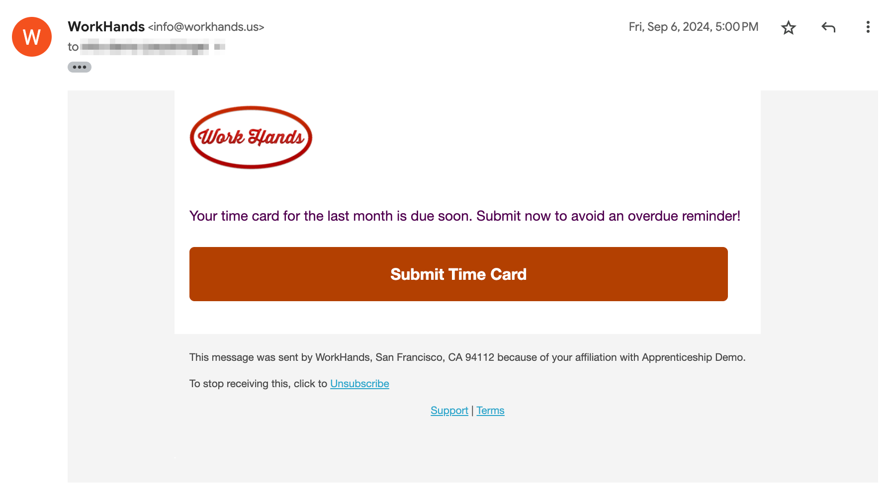 What does a notification reminder to submit my due time card look like ...